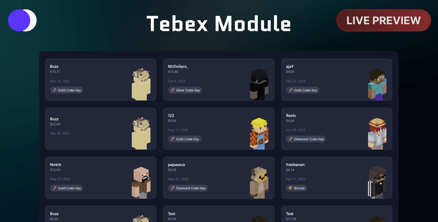 Tebex module | View Tebex donations (Blueprint) | Shop | Buzz Development
